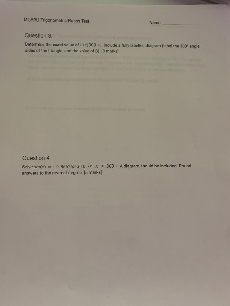 Solved Mcr3u Trigonometric Ratios Test Name Question 3