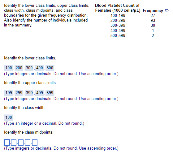 Solved Identify the lower class limits, ﻿upper class | Chegg.com