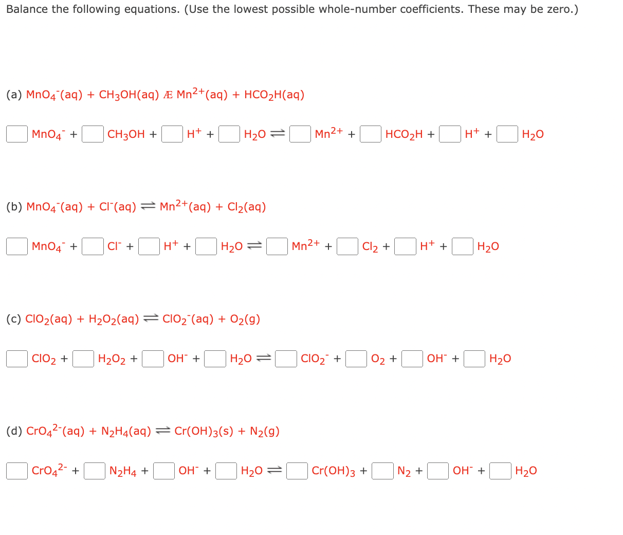 Solved Balance the following equations. (Use the lowest | Chegg.com