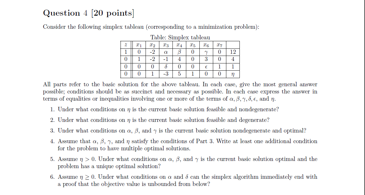 Solved Question 4 (20 points] Consider the following simplex | Chegg.com