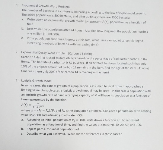Solved 1. Exponential Growth Word Problem, The number of | Chegg.com