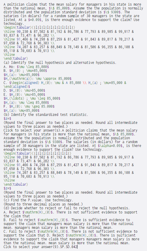 Solved A poltician claims that the mean salary for managers | Chegg.com