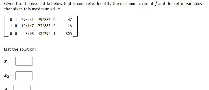 Solved Given the simplex matrix below that is ﻿complete. | Chegg.com