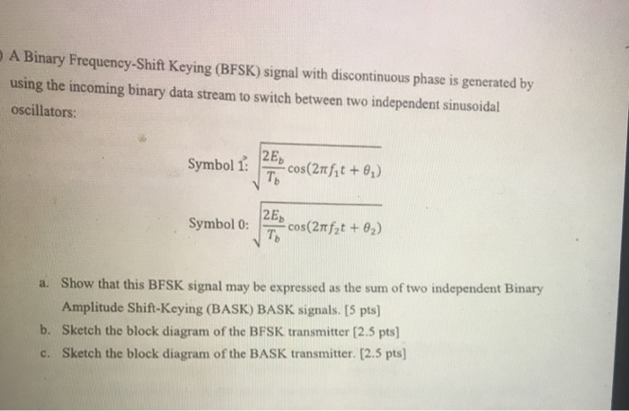 A Binary Frequency-Shift Keying (BFSK) signal with | Chegg.com