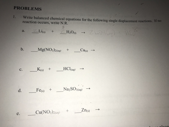 Solved PROBLEMS 1. Write balanced chemical equations | Chegg.com