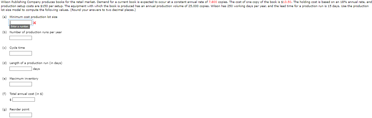 Solved lot size model to compute the following values. | Chegg.com