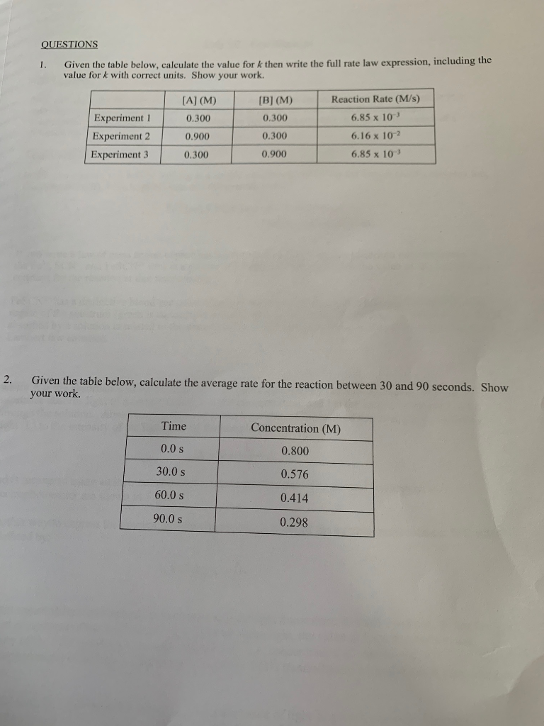 Solved QUESTIONS 1. Given the table below, calculate the | Chegg.com