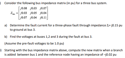 Solved Consider the following bus impedance matrix (in pu) | Chegg.com