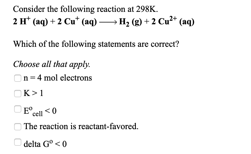 Solved Consider the following reaction at 298K. 2 H+ (aq) + | Chegg.com