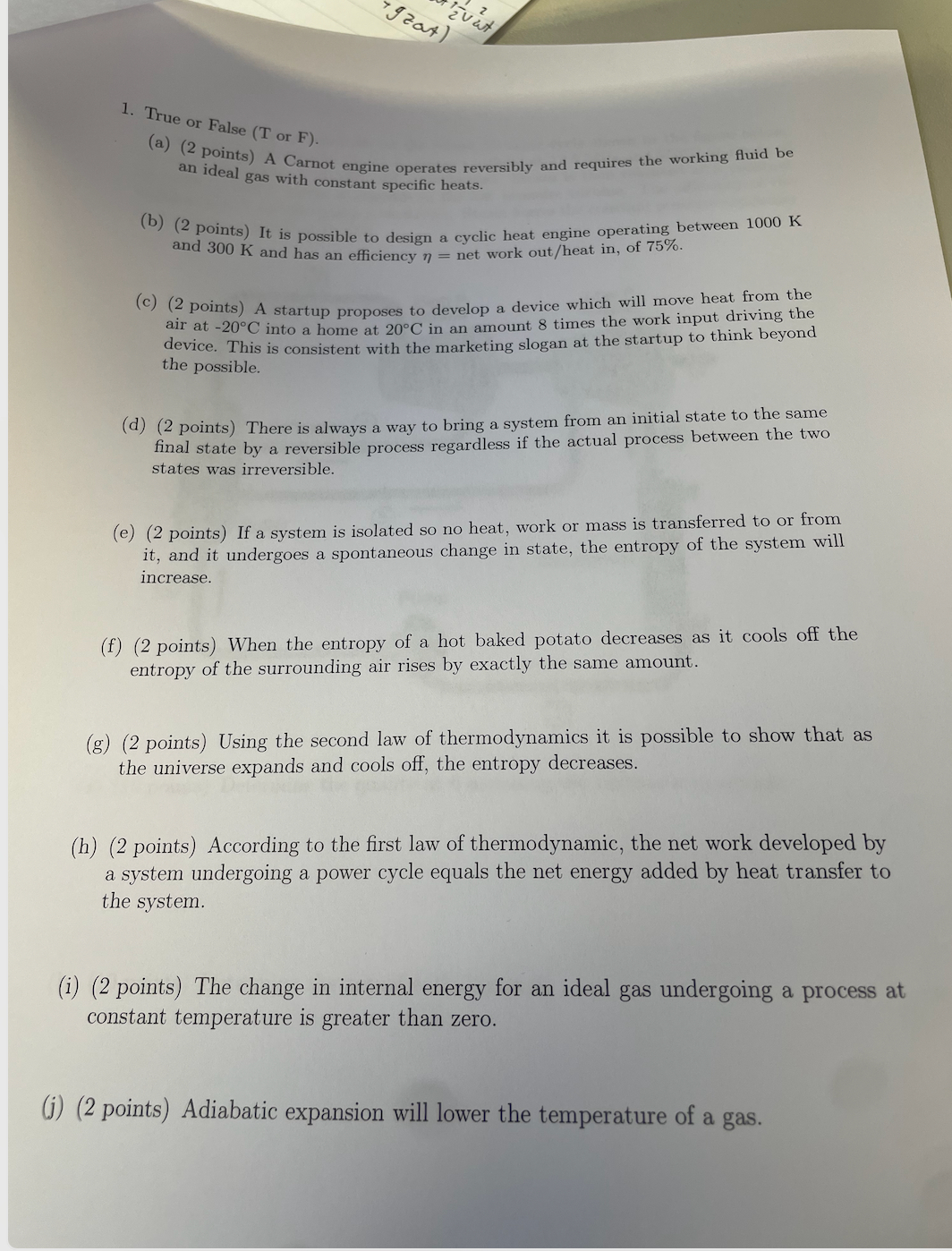 Solved True or False ( T or F.\\n(a) (2 points) A Carnot | Chegg.com