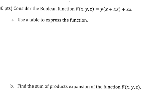 Solved 50 pts) Consider the Boolean function F(x, y, z) = | Chegg.com