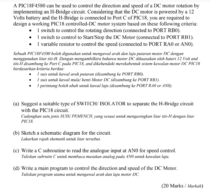 Solved A PIC18F4580 can be used to control the direction and | Chegg.com