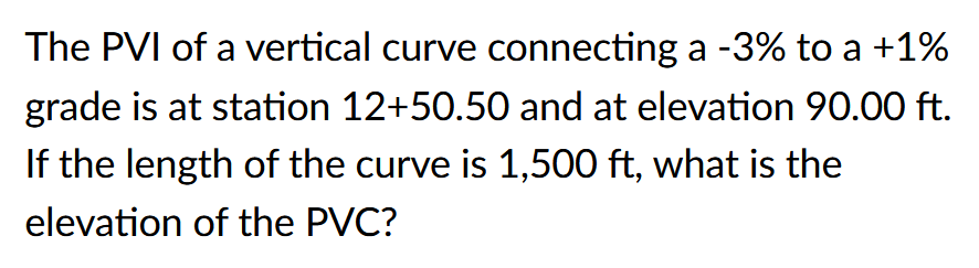 Solved The PVI of a vertical curve connecting a -3% to a +1% | Chegg.com