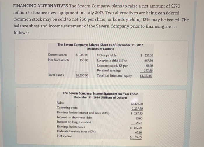 Solved FINANCING ALTERNATIVES The Severn Company plans to | Chegg.com