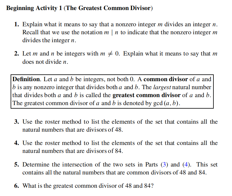 Solved Beginning Activity 1 (The Greatest Common Divisor) 1. | Chegg.com