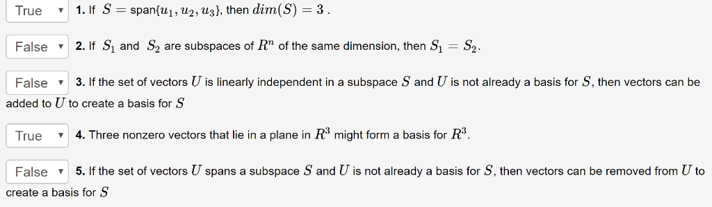 Solved True 1. If S spanfu1, u2, U3), then dim(S) -i3 | Chegg.com