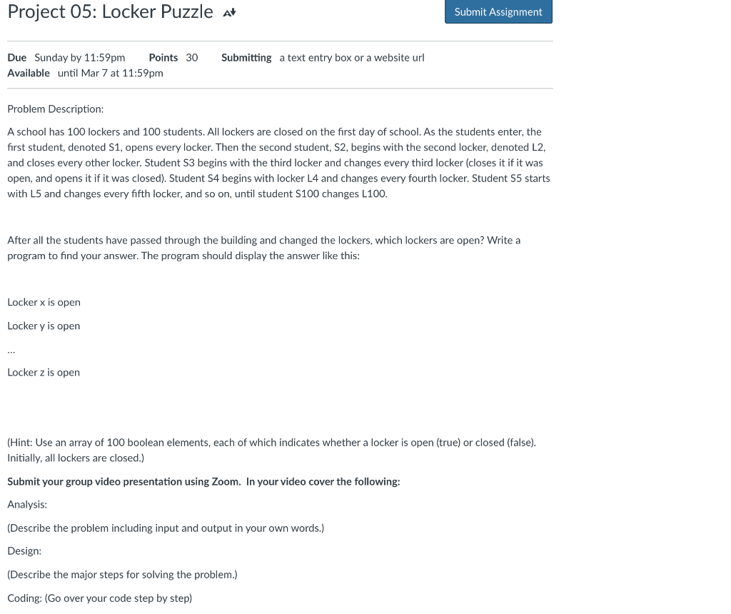 Solved Project 05: Locker Puzzle at Submit Assignment Due | Chegg.com
