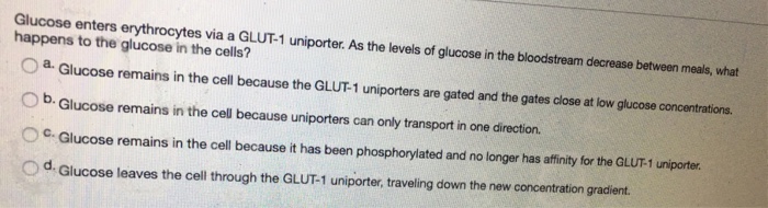 Solved Glucose enters erythrocytes via a GLUT-1 uniporter. | Chegg.com