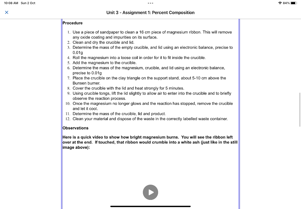 Solved Unit 3 - Assignment 1: Percent Composition Sample | Chegg.com