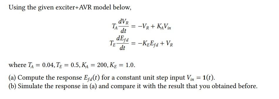 Solved Using the given exciter + AVR model below, | Chegg.com