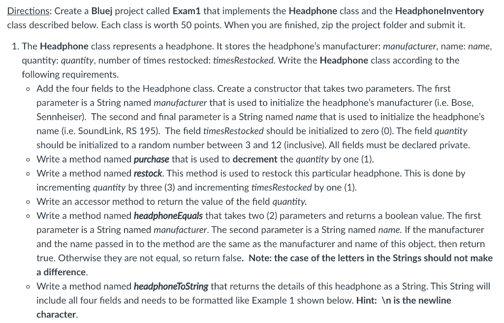Solved Directions: Create a Bluej project called Exam1 that | Chegg.com