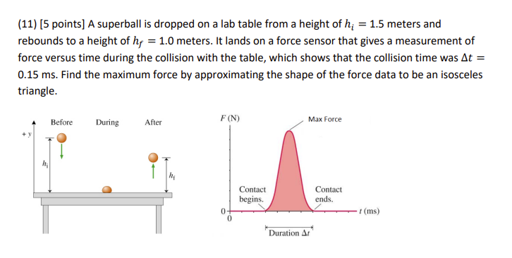 Solved (11) [5 points] A superball is dropped on a lab table | Chegg.com