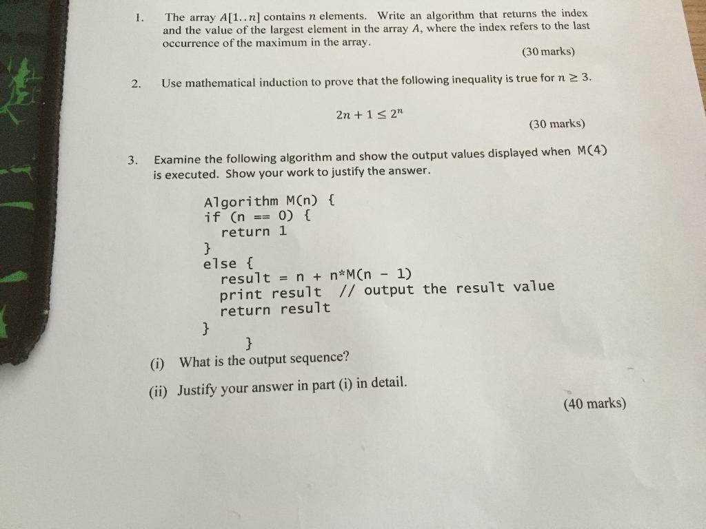 Solved 1. The array A[1..n) contains n elements. Write an | Chegg.com