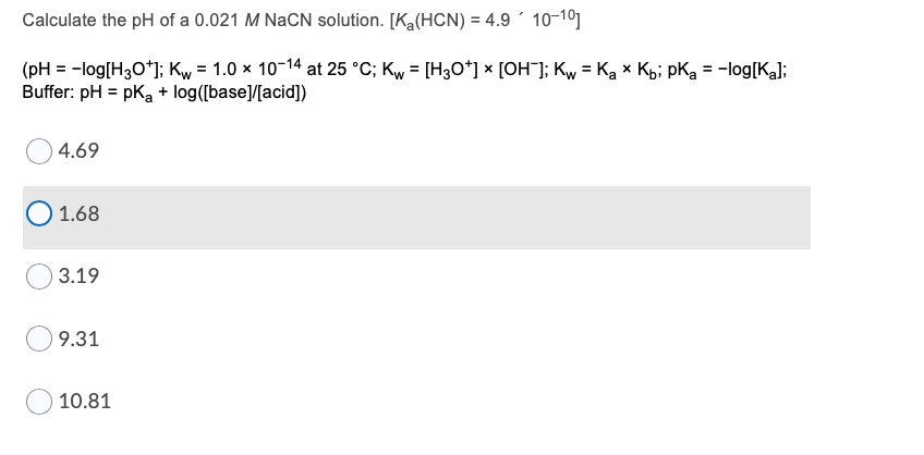Solved Calculate the pH of a 0.021 M NaCN solution. [K(HCN) | Chegg.com