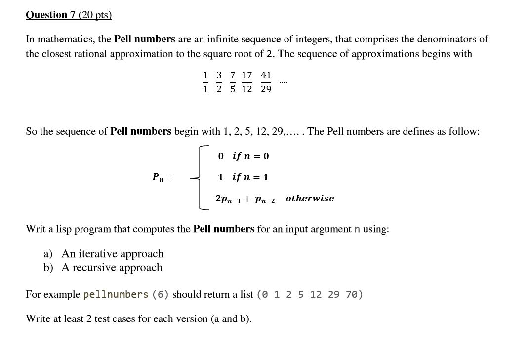 "Write a lisp program that computes the Pell numbers | Chegg.com