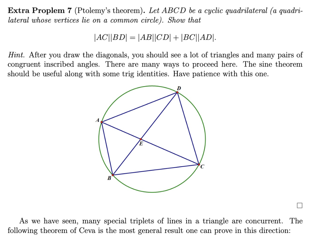 Solved Extra Proplem 7 (Ptolemy's theorem). Let ABCD be a | Chegg.com