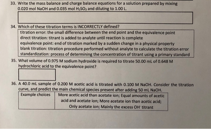 Solved 33. Write the mass balance and charge balance | Chegg.com