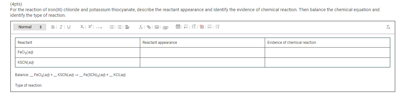 Solved (4pts) For the reaction of iron(III) chloride and | Chegg.com