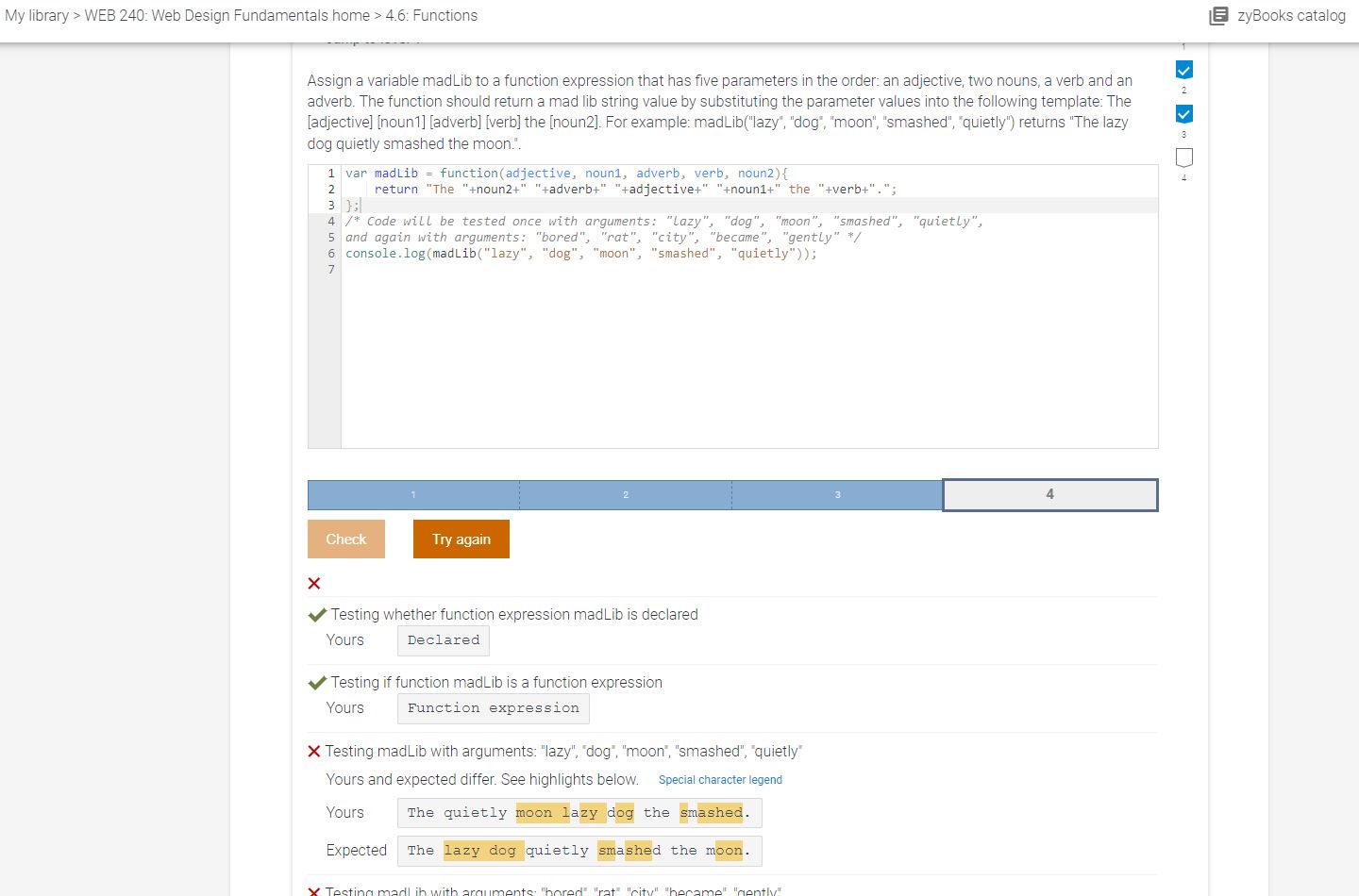 Solved Assign a variable madLib to a function expression | Chegg.com