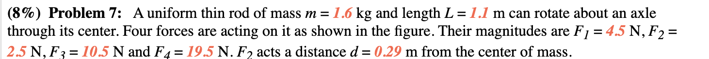 Solved (8\%) Problem 7: A uniform thin rod of mass m=1.6 kg | Chegg.com