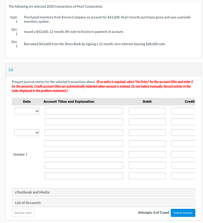 Solved The following are selected 2020 transactions of Pearl | Chegg.com