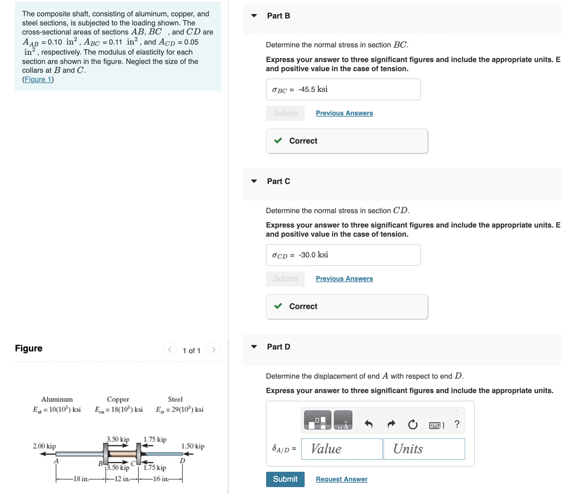 Solved The composite shaft, consisting of aluminum, copper, | Chegg.com