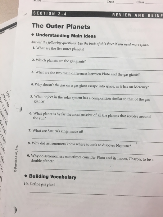 Outer Solar System Worksheet