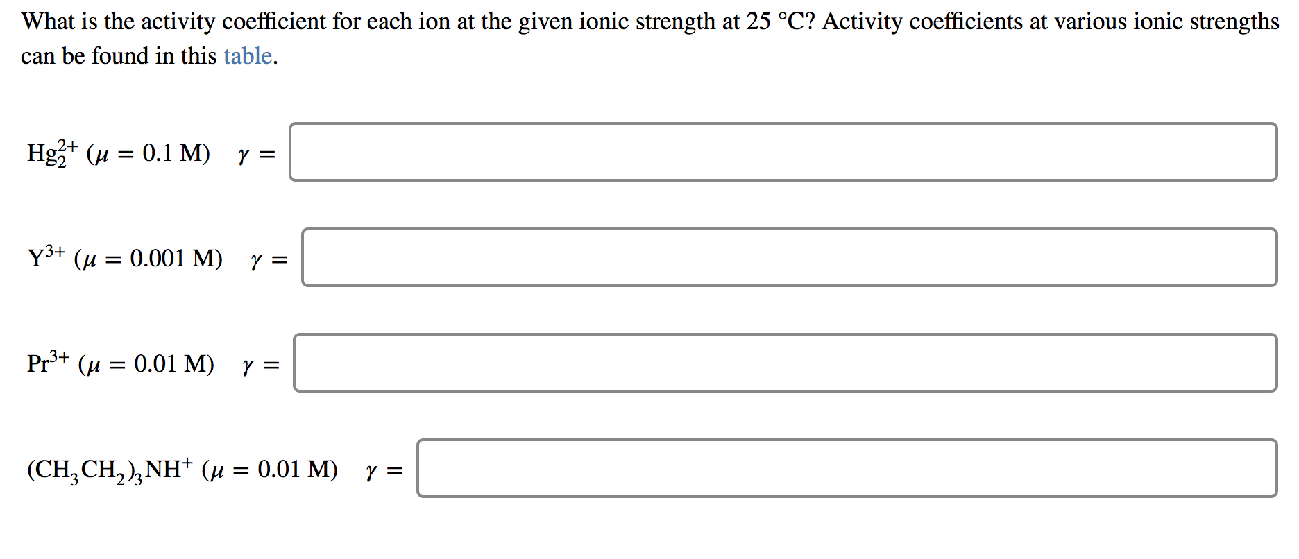 Solved What is the activity coefficient for each ion at the | Chegg.com