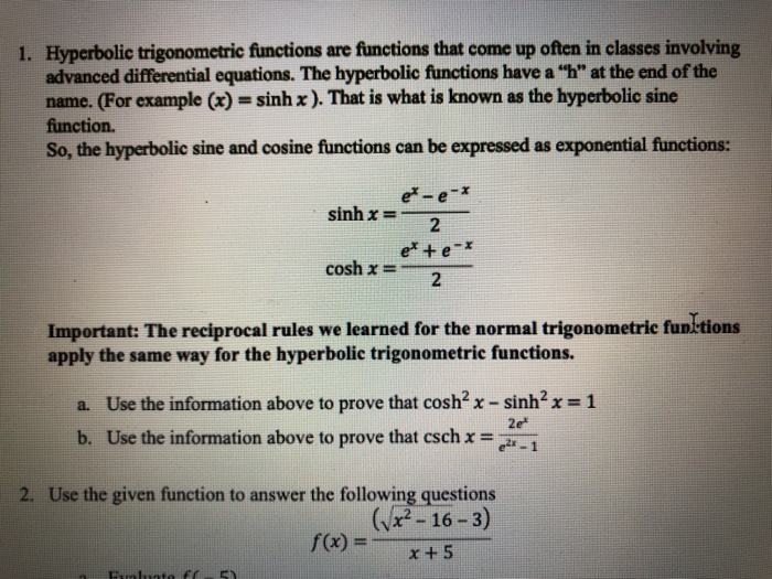Solved Hyperbolic Trigonometric Functions Are Functions That