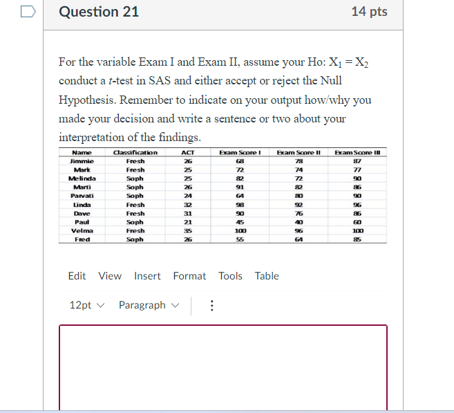 Solved Question 2114ptsFor the variable Exam I and Exam II, | Chegg.com