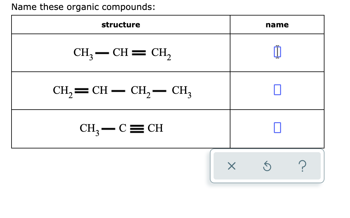 Solved Name these organic compounds: structure name CH2 – CH | Chegg.com