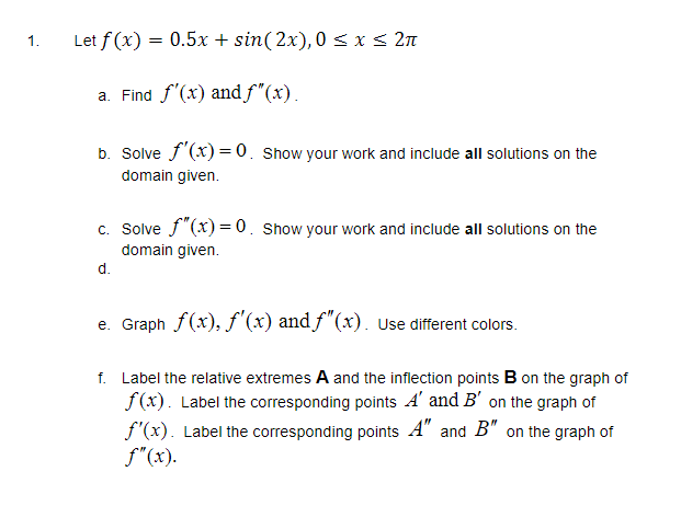 Solved Let f(x)=0.5x+sin(2x),0≤x≤2π a. Find f′(x) and | Chegg.com