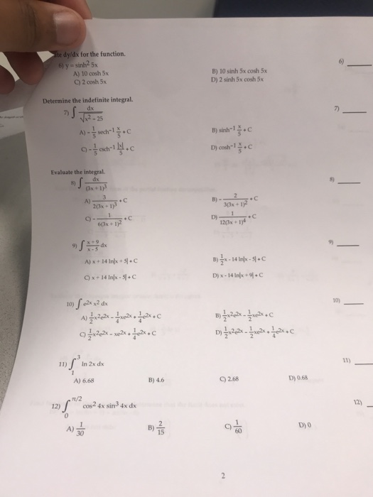 Solved dy/dx for the function. 65-sinh,25x A) 10 cosh 5x C) | Chegg.com