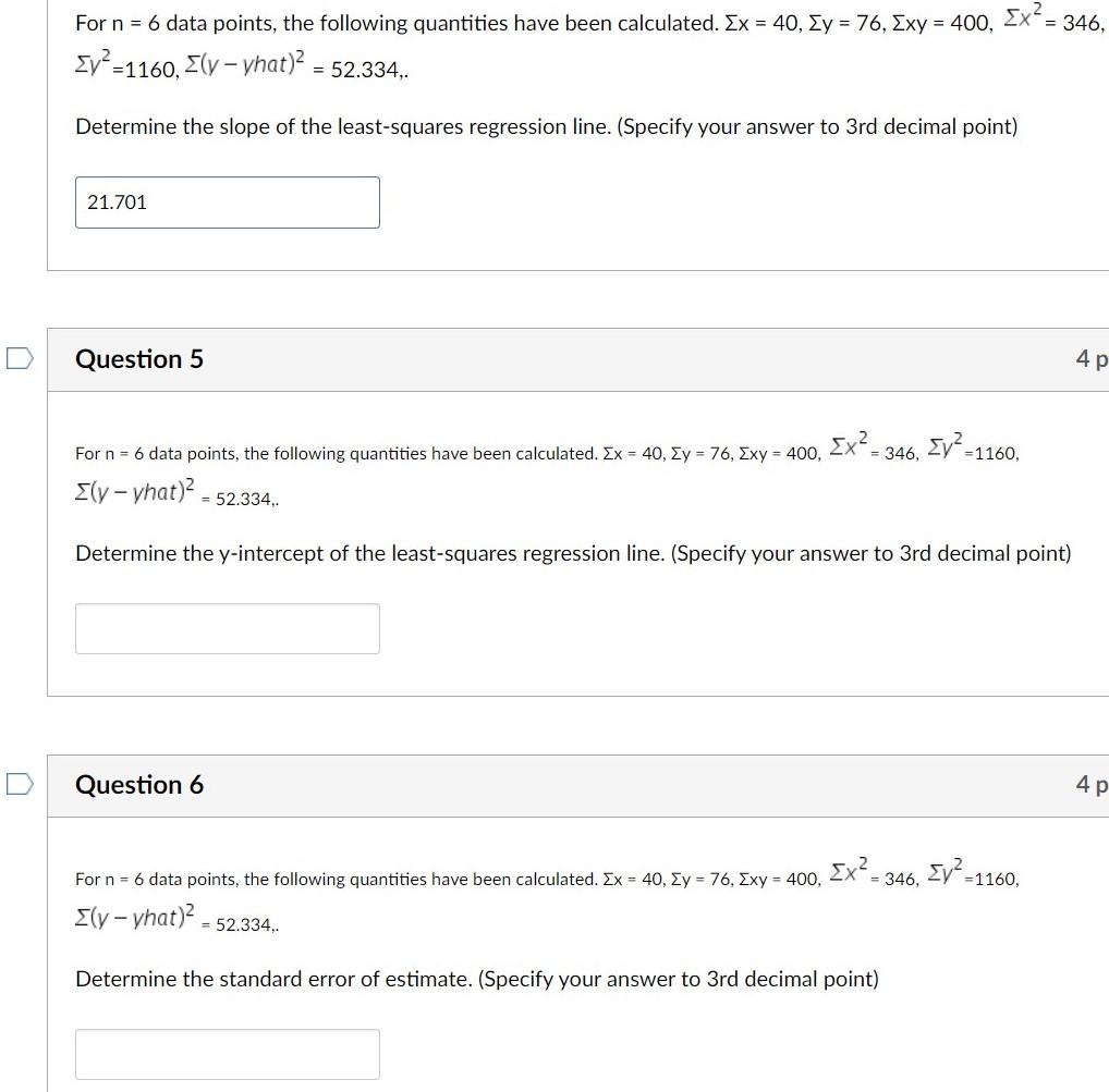 Solved = For n = 6 data points, the following quantities | Chegg.com