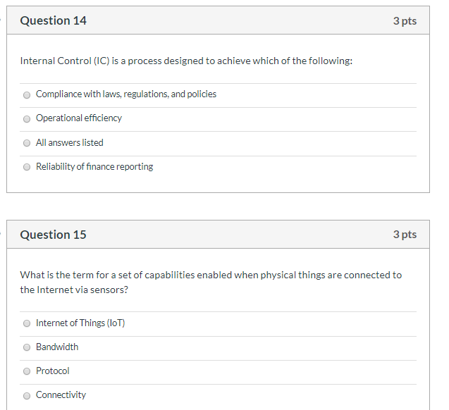 Solved Question 14 3 pts Internal Control (IC) is a process | Chegg.com