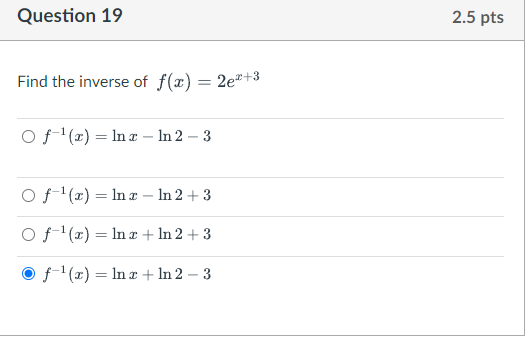 Solved the inverse of f(x)=2ex+3 | Chegg.com