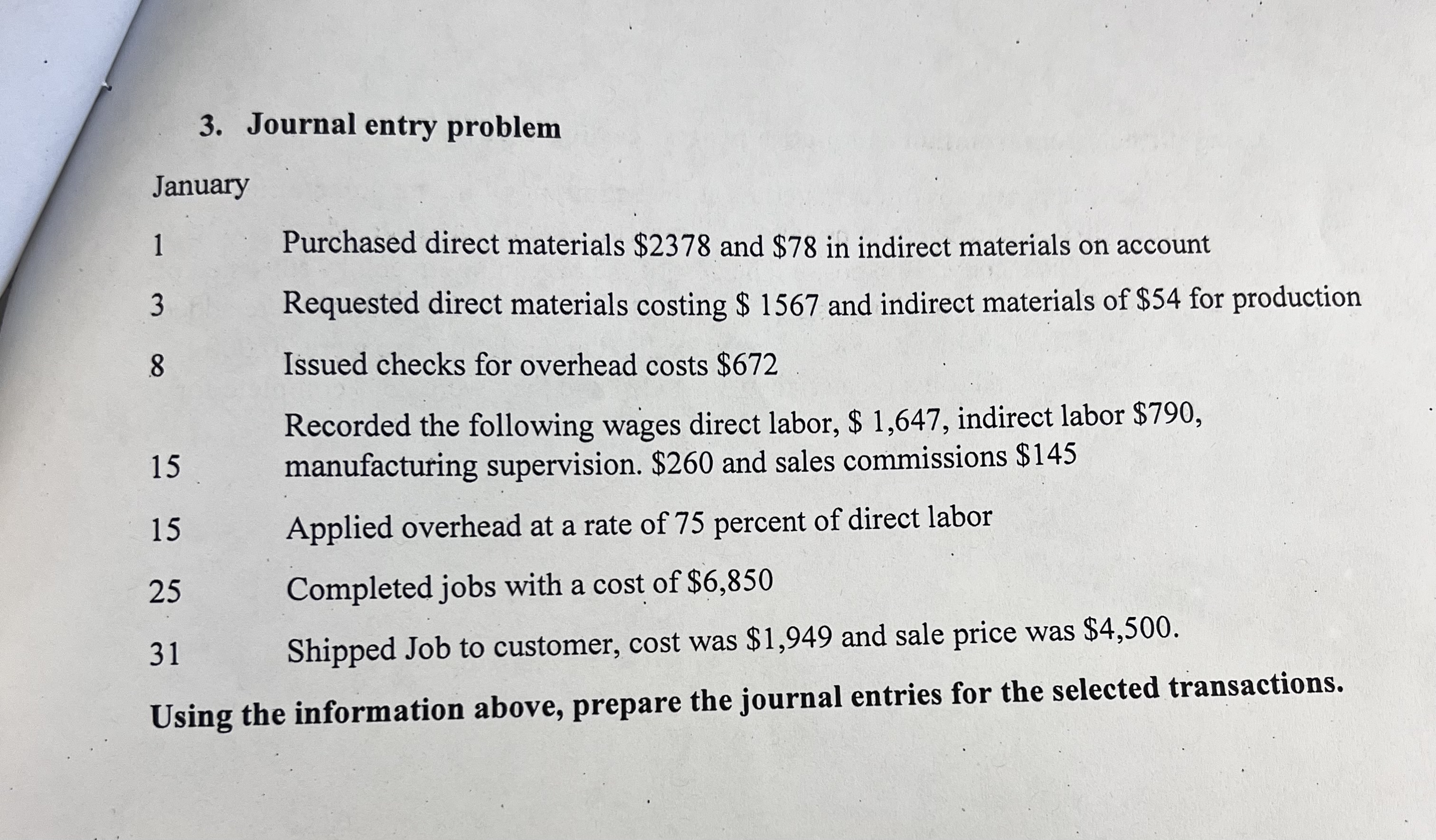 Solved 3. Journal entry problem January 1 3 8 15 15 25 31 | Chegg.com