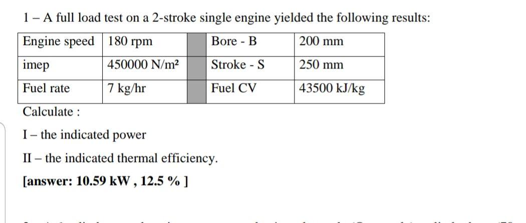 Solved 1 - A full load test on a 2-stroke single engine | Chegg.com
