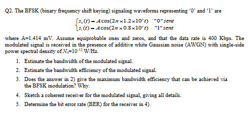 Solved Q2. The BFSK (binary frequency shift keying) | Chegg.com