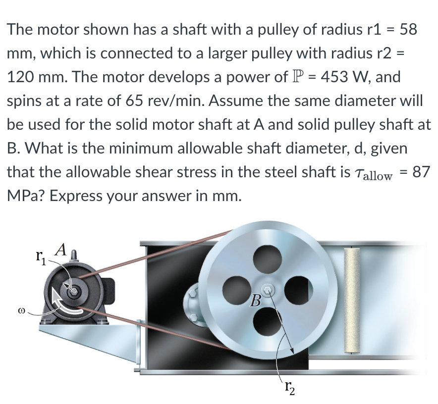 Solved The motor shown has a shaft with a pulley of radius | Chegg.com